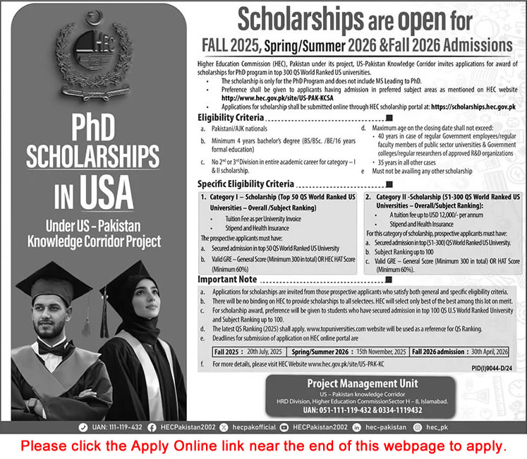 HEC Overseas PhD Scholarships 2025 June / July Apply Online US Pakistan Knowledge Corridor ...